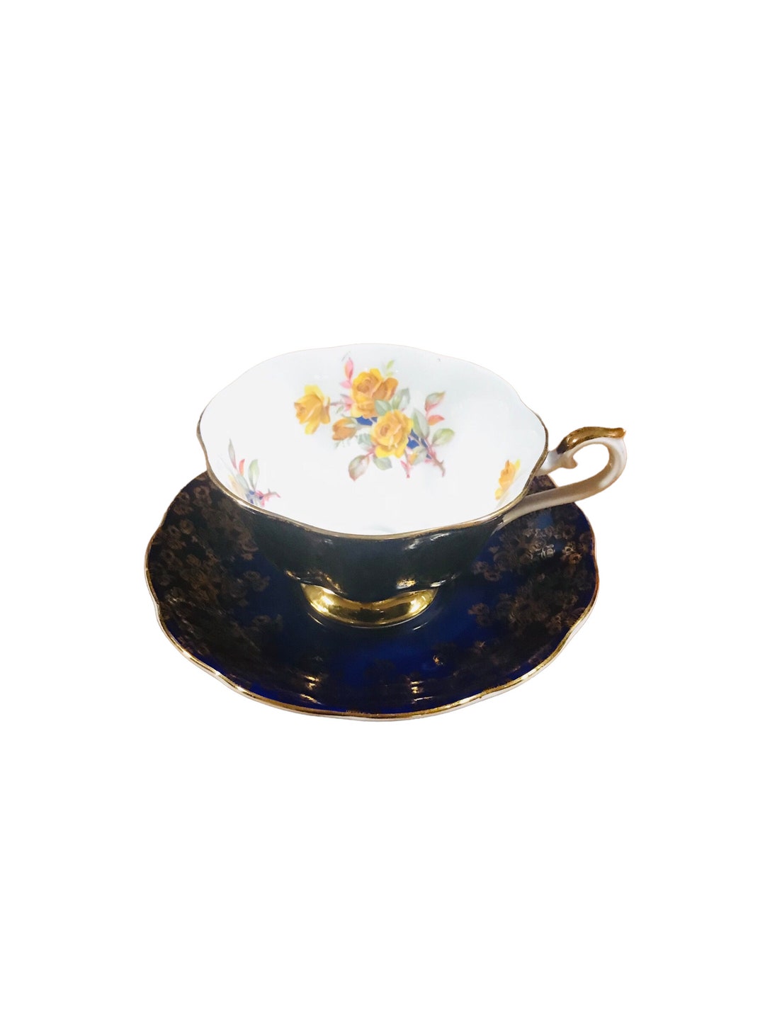 Vintage Royal Albert Avon Shaped Cobalt Blue With Yellow Roses Tea Cup ...