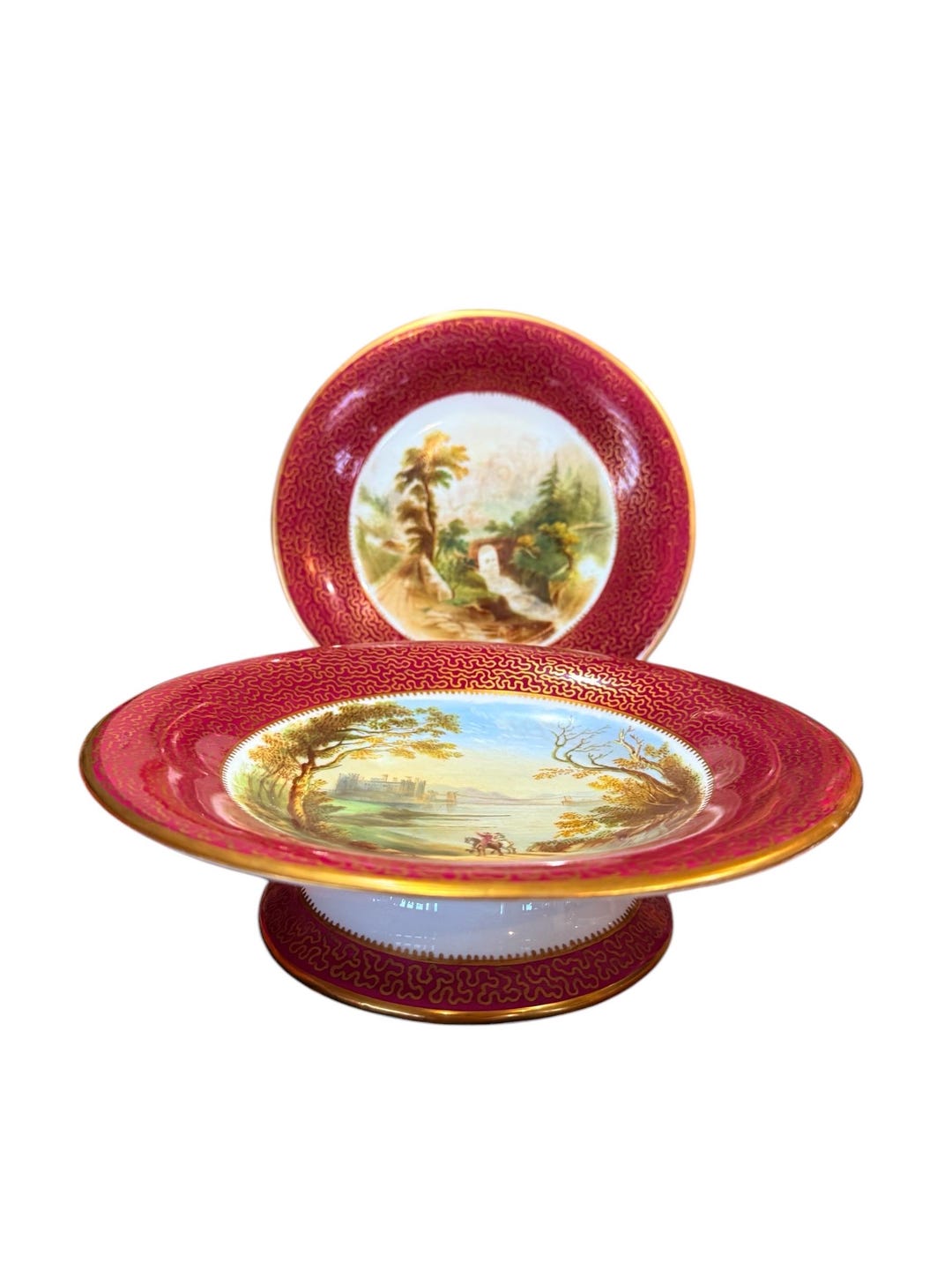 Antique Two Pieces Hand Painted Welsh Landscape Circle 1860’s Footed ...