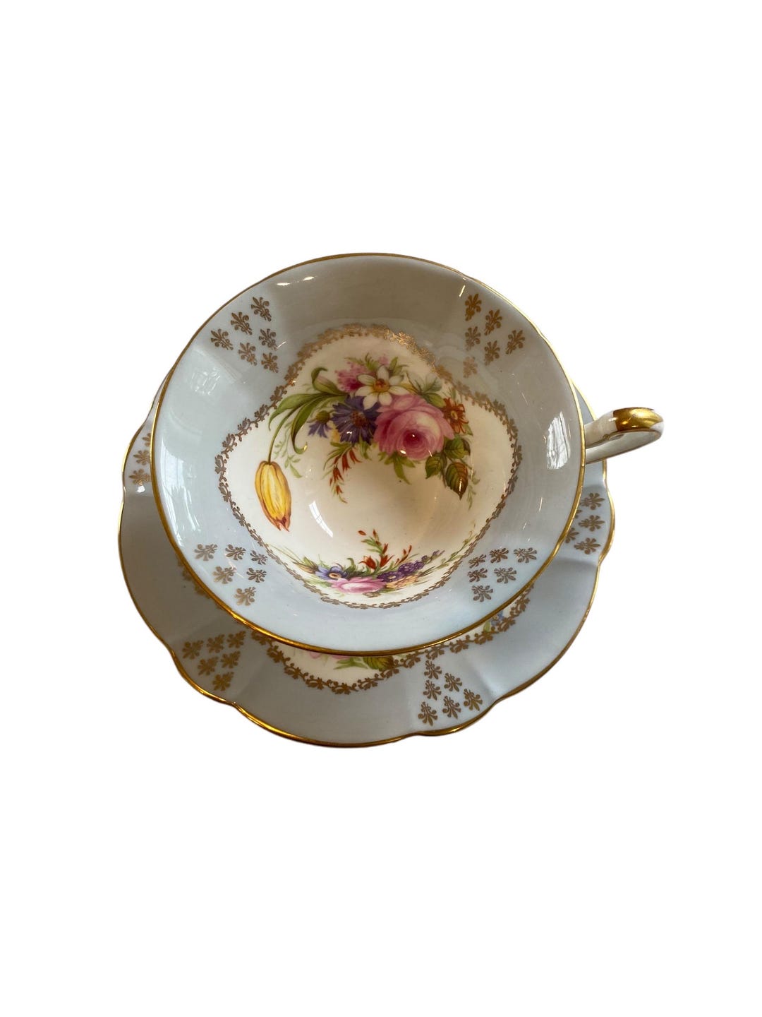 Rare English Foley Gray Wide Mouth Tea Cup and Saucer With Large Pink ...