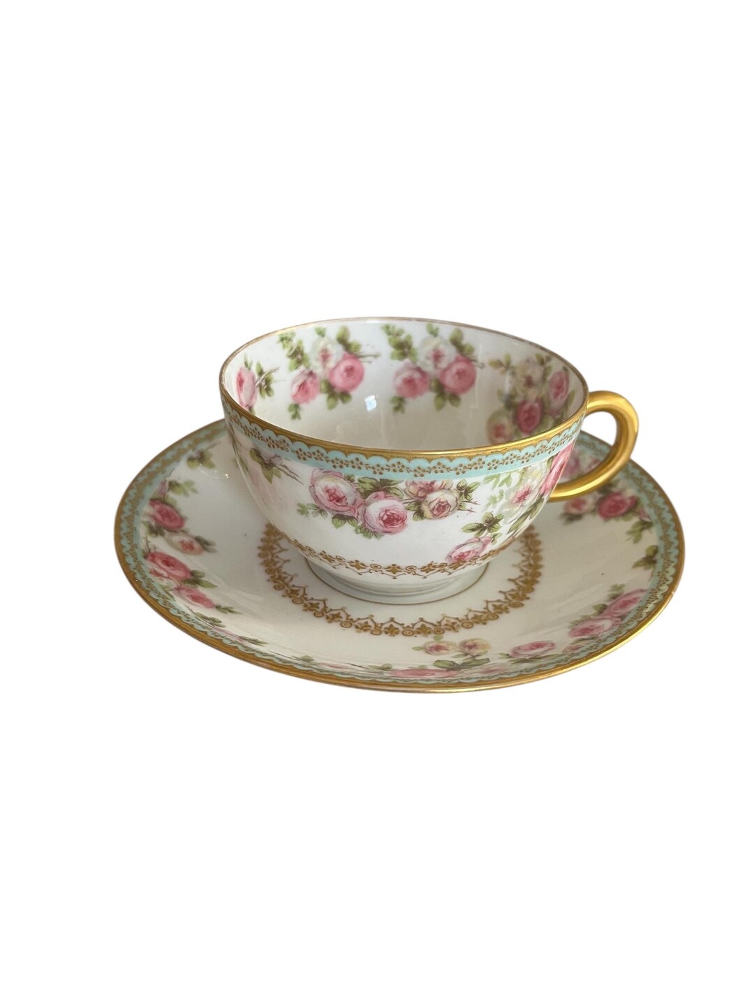 Vintage French Limoges GOA Blue Border Tea Cup and Saucer With Dainty ...