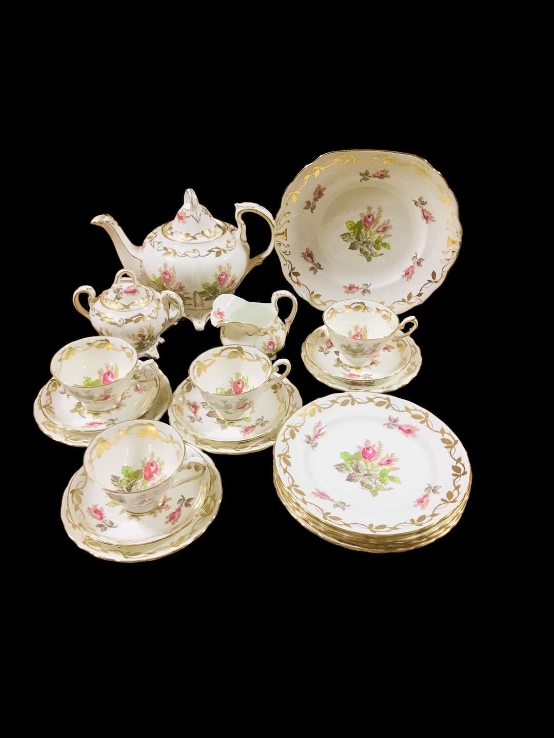 Rare Find.. Hand Painted 24-PC Vintage Royal Chelsea Moss Rose Bone ...