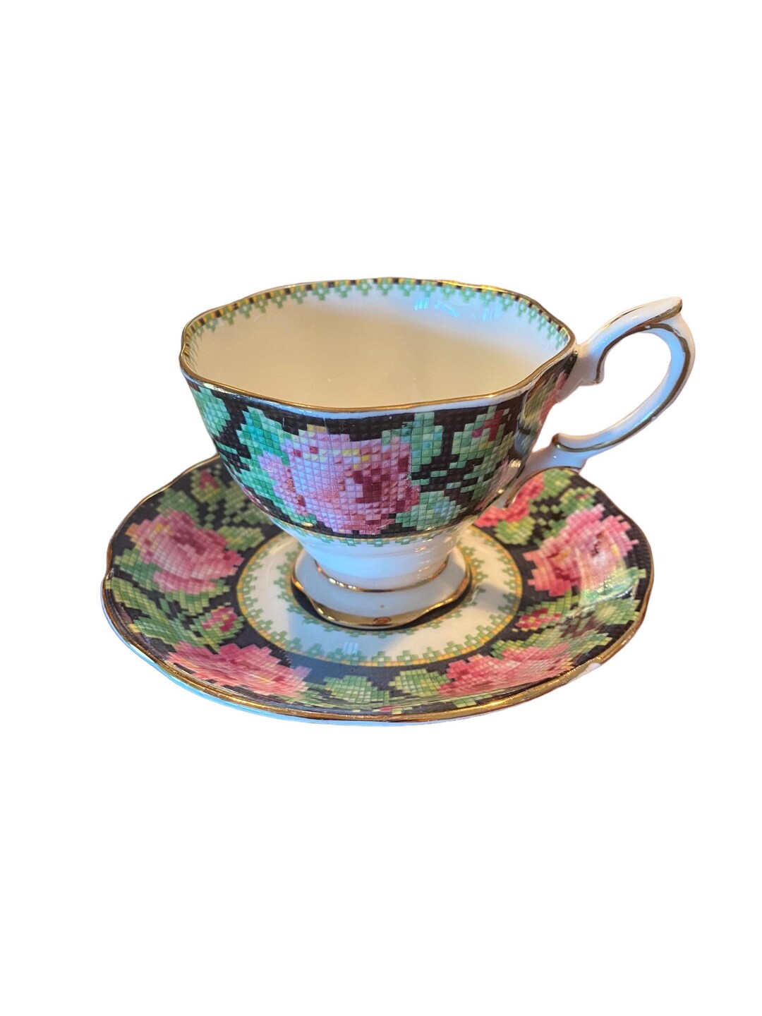 Vintage Royal Albert Needle Point Tea Cup and Saucer With Pink Rose ...
