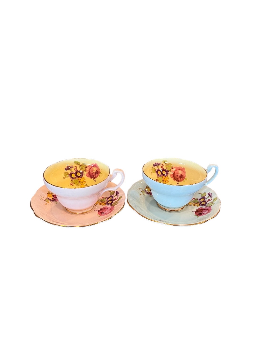 A Pair Vintage Foley Pink and Blue With Flowers Tea Cups and Saucers ...