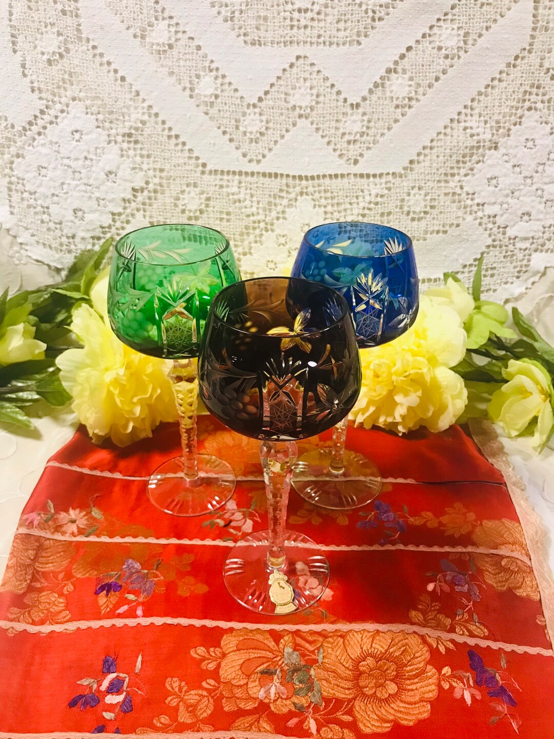 Vintage Set of 3 Coloured Imperlux Genuine Hand Cut Crystal Goblets ...