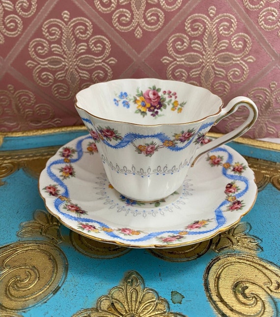Gladstone Blue Ribbon Tea Cup and Saucer With Swag Flowers - Etsy