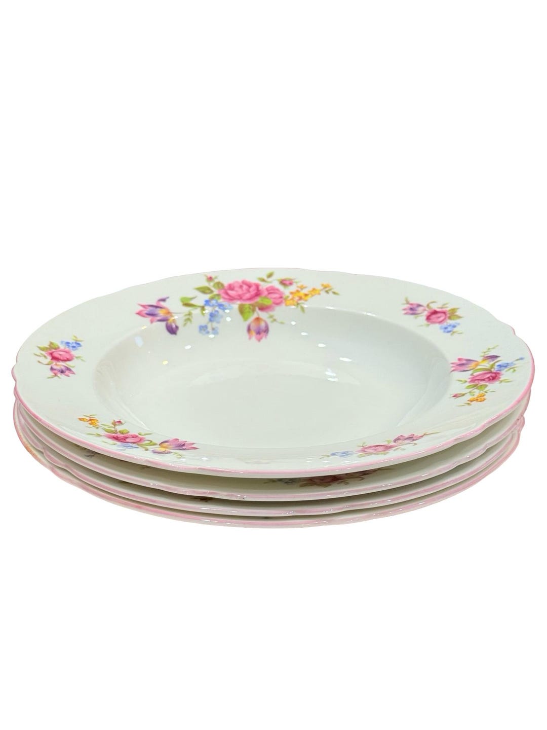 Shelley Pink Rose Large Soup Bowls (set of 4) 9” D Pink Trim and Sprays ...