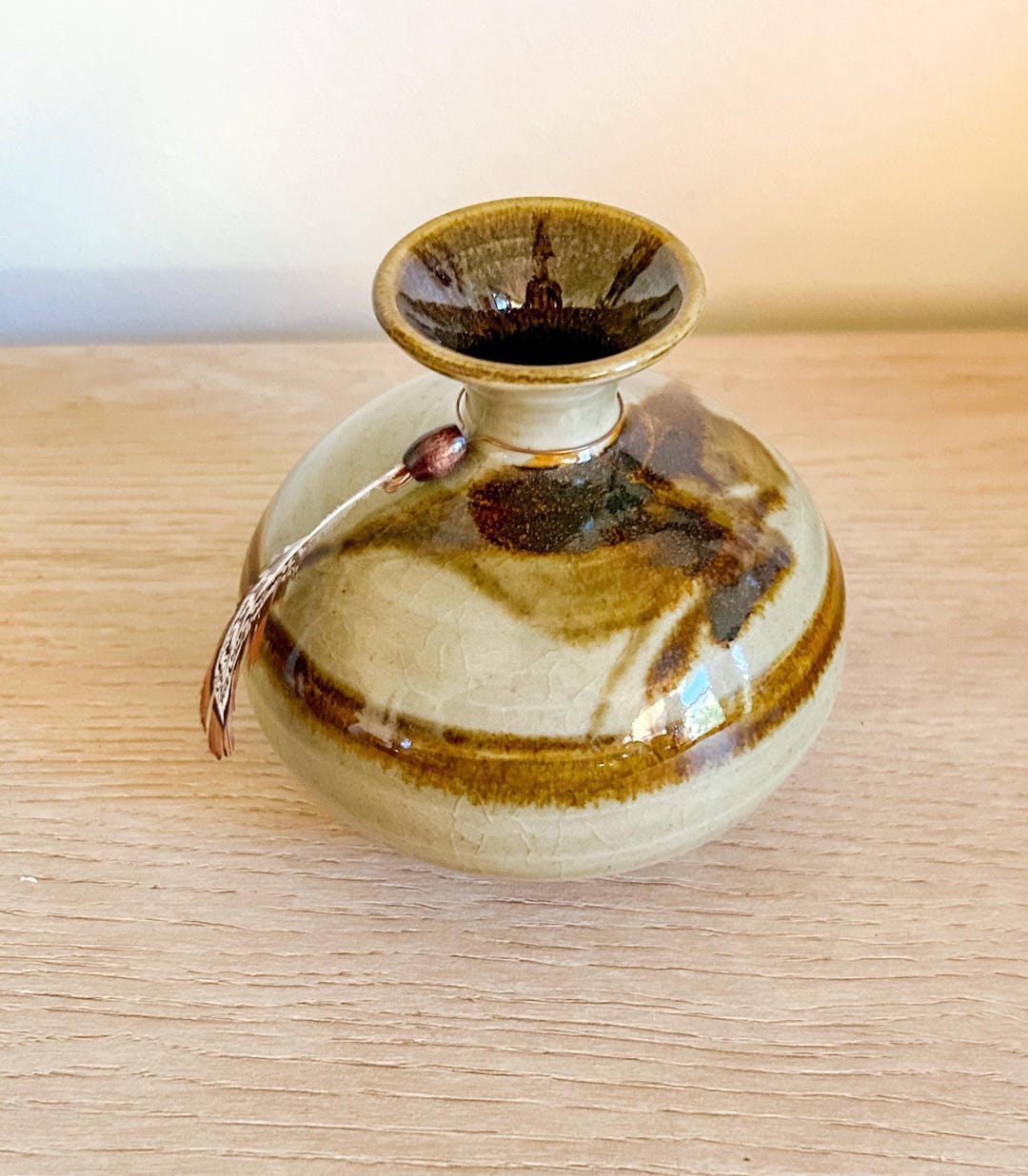 Vintage Roger Butler Handmade Signed Brown Bud Vase With Feather - Etsy