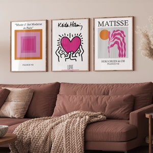 Framed Canvas Wall Art Set of 3 Pink Matisse Keith Haring Large ...