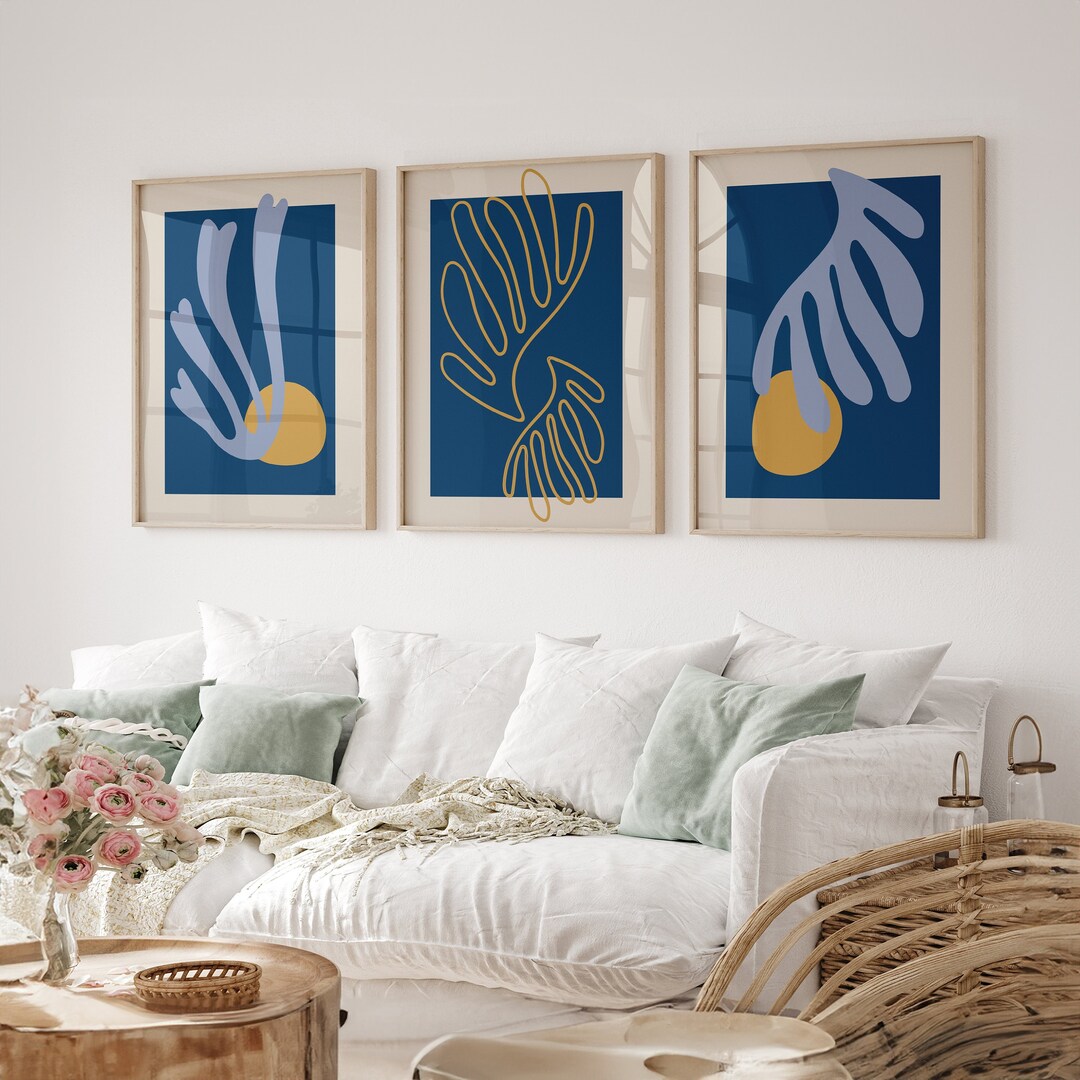 Framed Canvas Set of 3 Blue Matisse Print Wall Art Blue Print Set Gallery Wall Prints Preppy ...