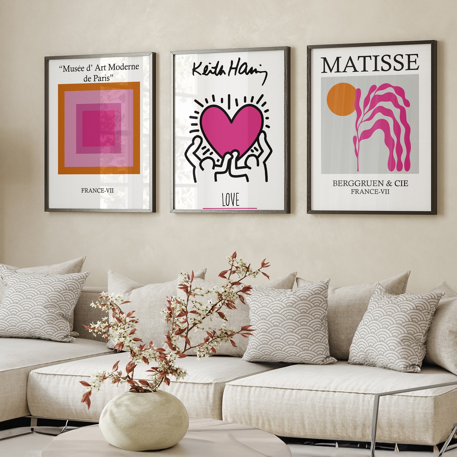 Framed Canvas Wall Art Set of 3 Pink Matisse Keith Haring Large ...