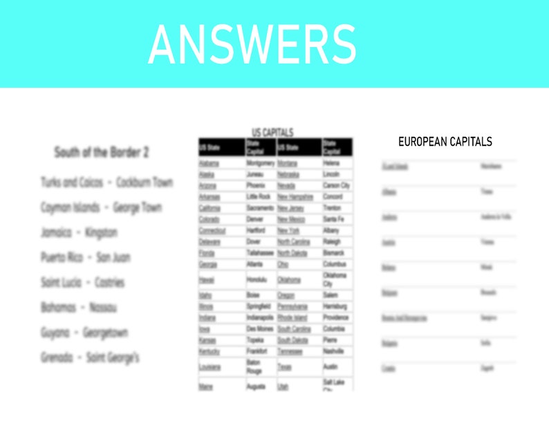 Bingo Game Kids Family, BINGO USA Capitals, Bingo Quiz Questions Trivia ...