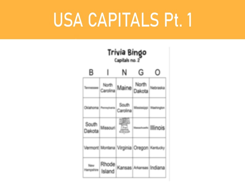 Bingo Game Kids Family, BINGO USA Capitals, Bingo Quiz Questions Trivia ...