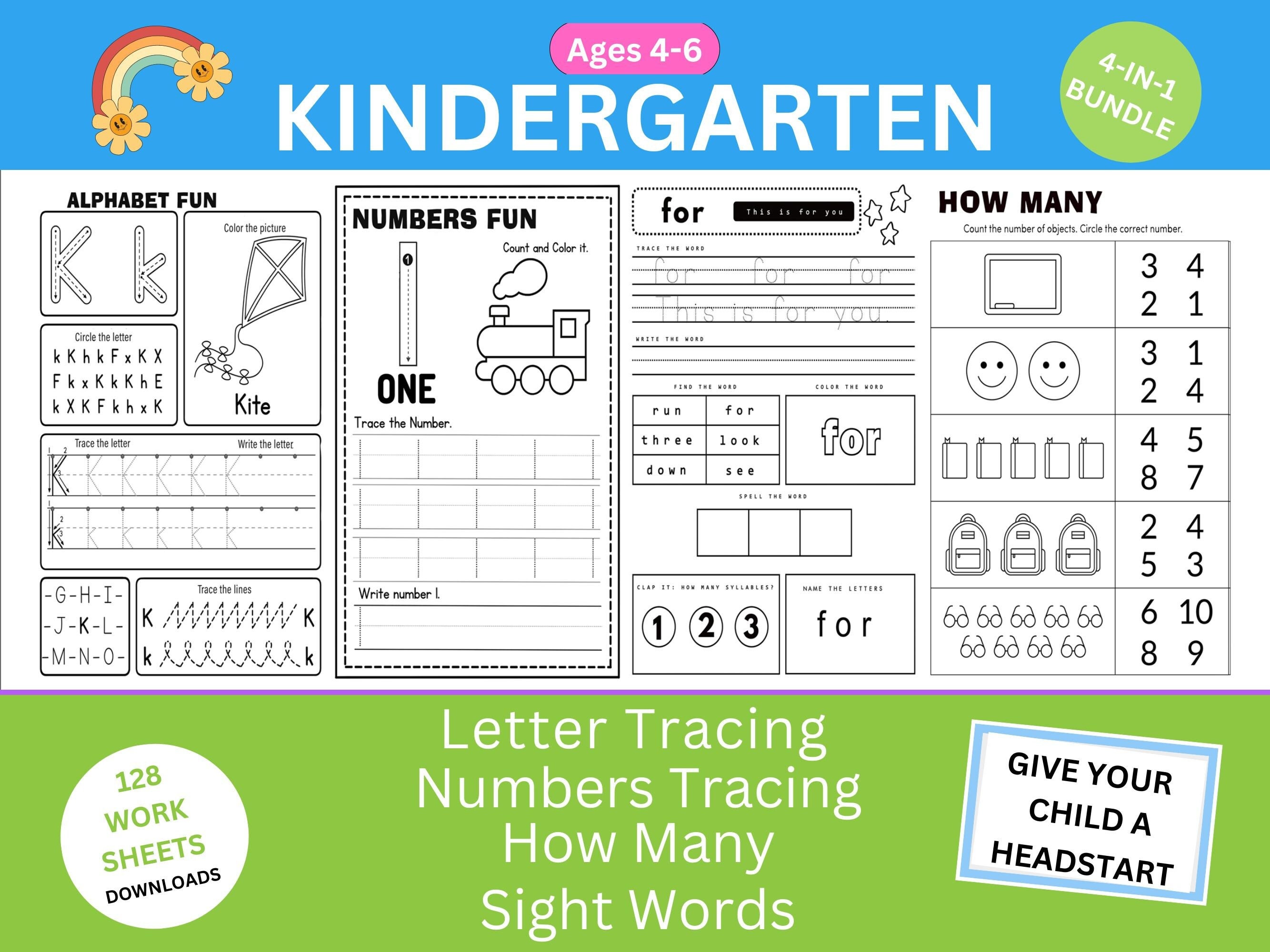 Kindergarten Learning Activity Bundle, Alphabet, Numbers, Sight Words ...