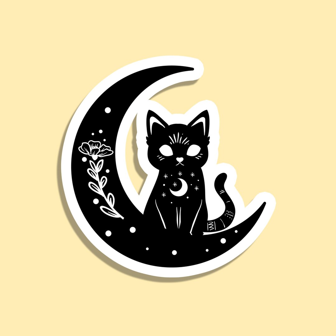 Celestial Cat Sticker | Cute Cat Sitting on Moon | Sticker | Celestial ...