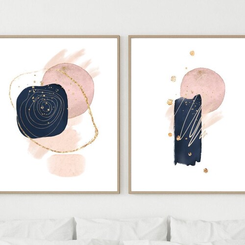 Blush Pink and Navy Print Set Minimalist Abstract Wall Art | Etsy