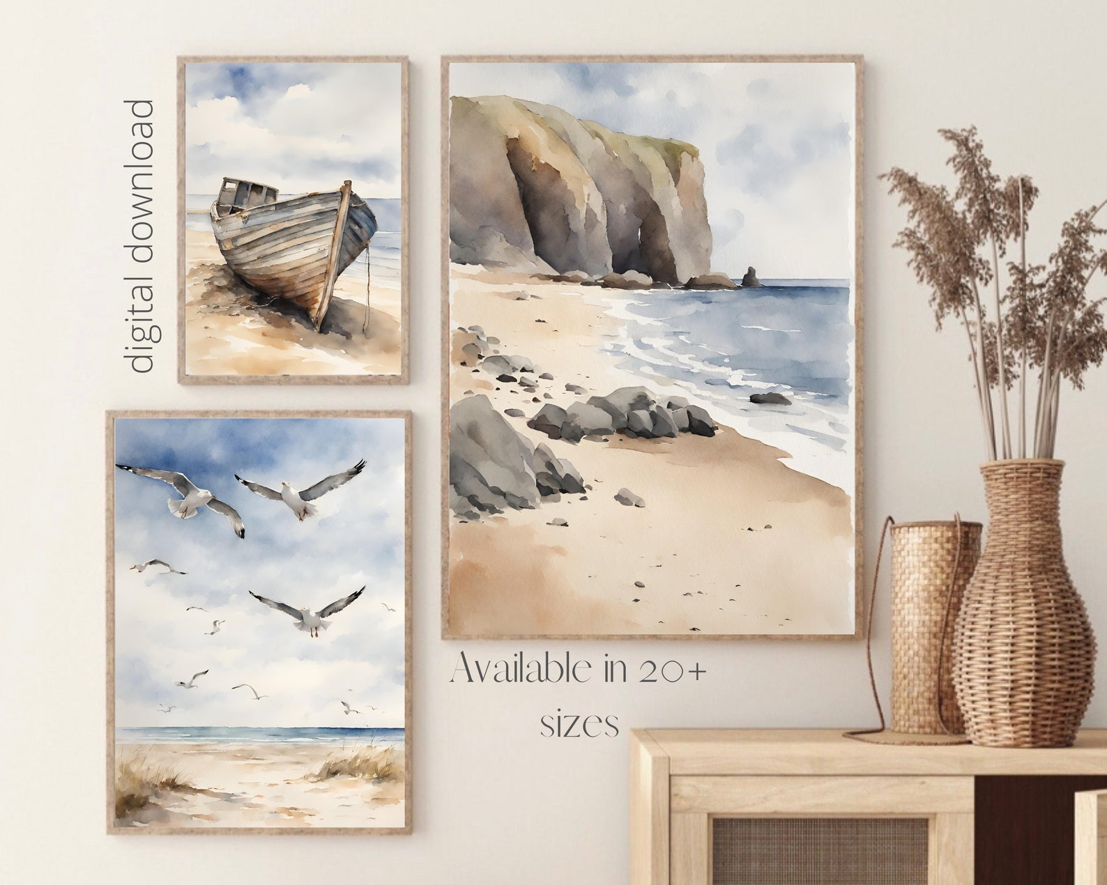 Beach Watercolor Print Set: Coastal Living Room Wall Art (digital ...