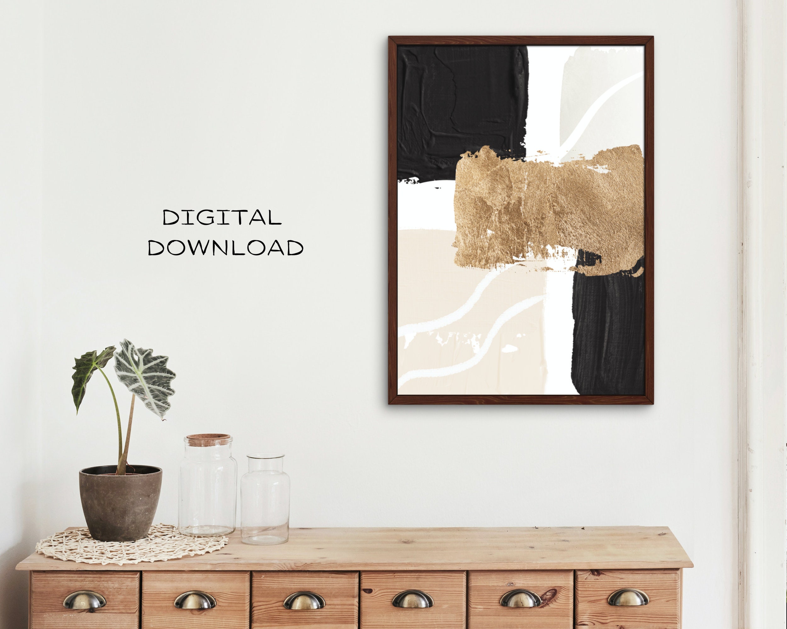 Abstract Wall Art, Buff Black Gold Minimalist Shapes, 2 Piece Printable ...