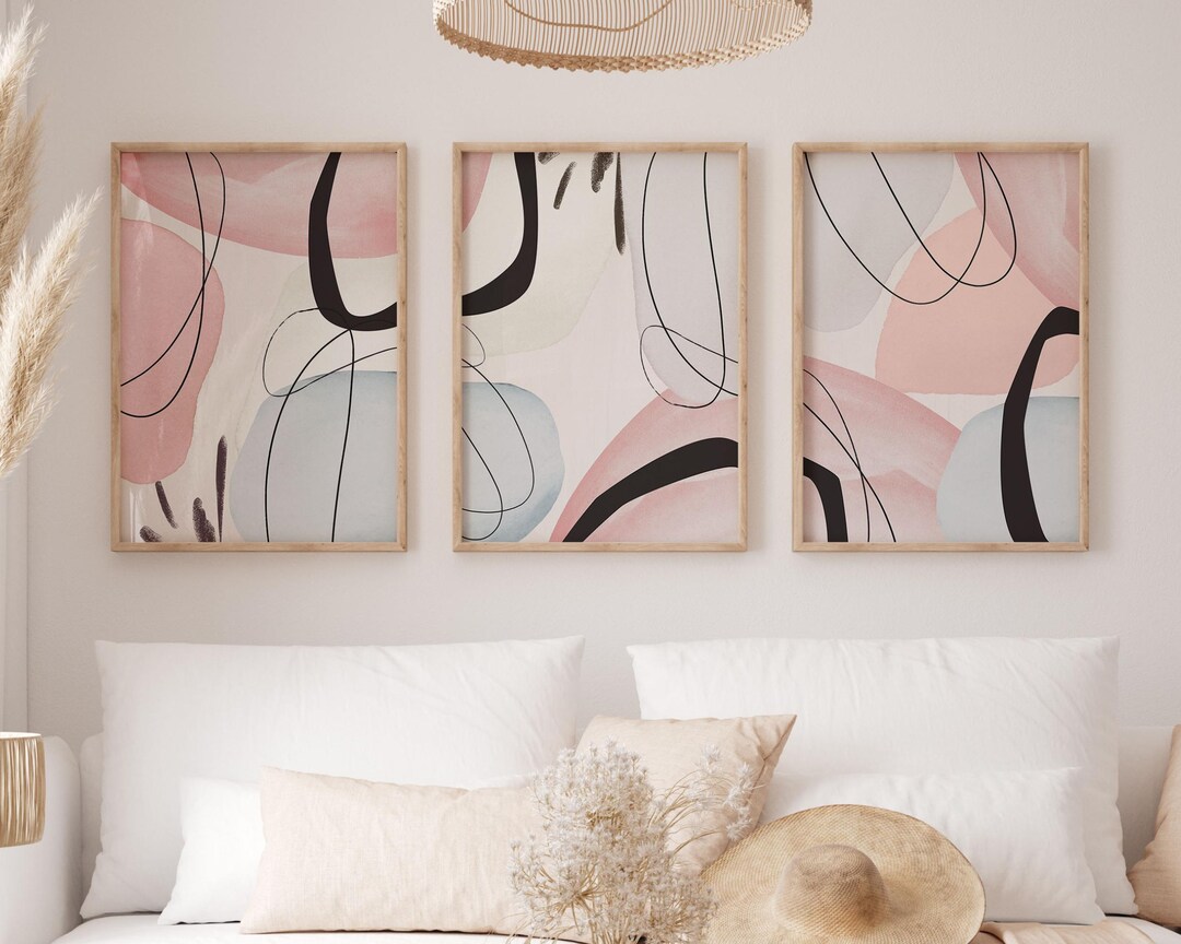 Pink and Blue Print Set of 3 Abstract Printable Wall Art Modern Living ...
