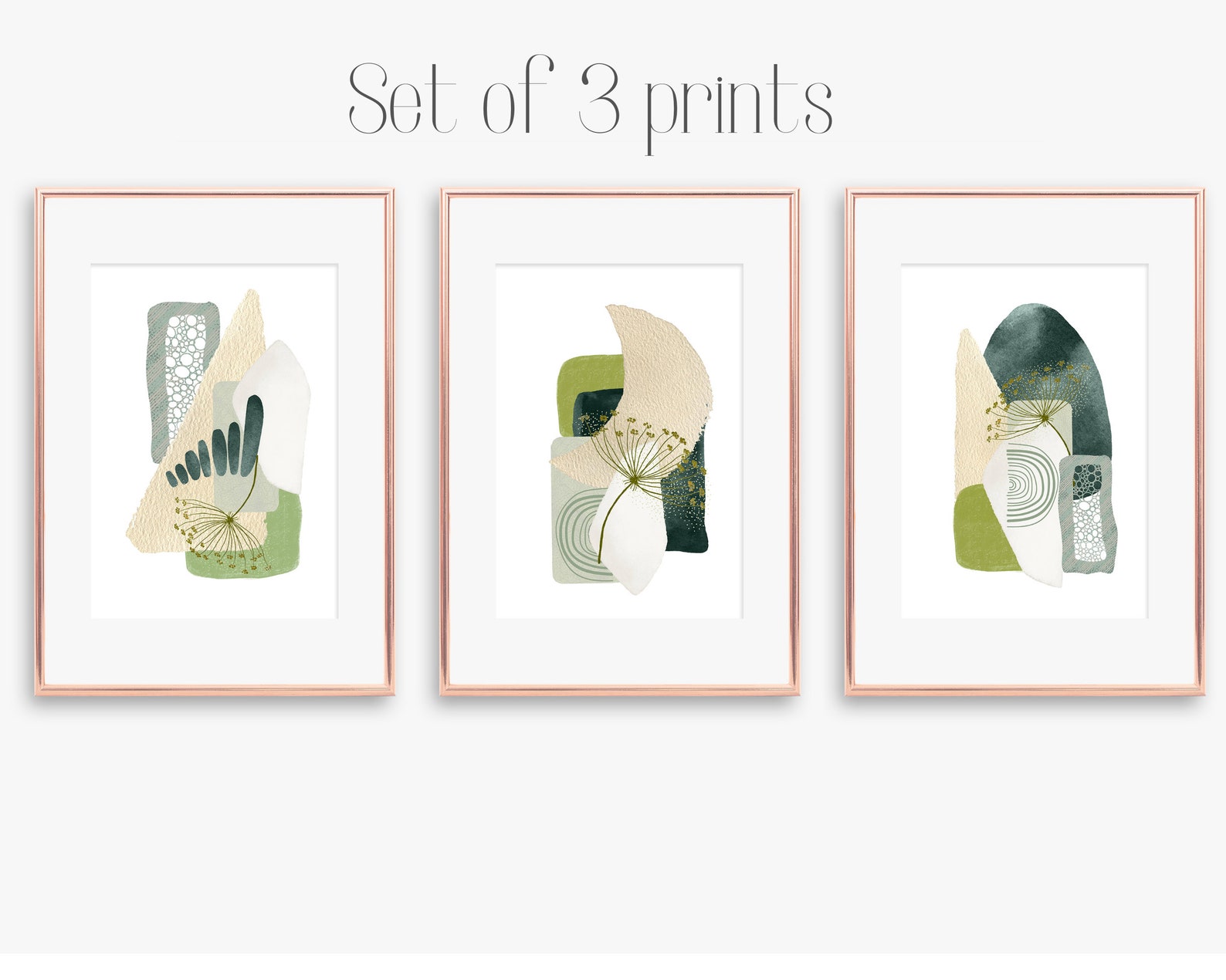 Modern Green Gallery Wall Art Set of 3 Abstract Art Bedroom Wall Decor ...