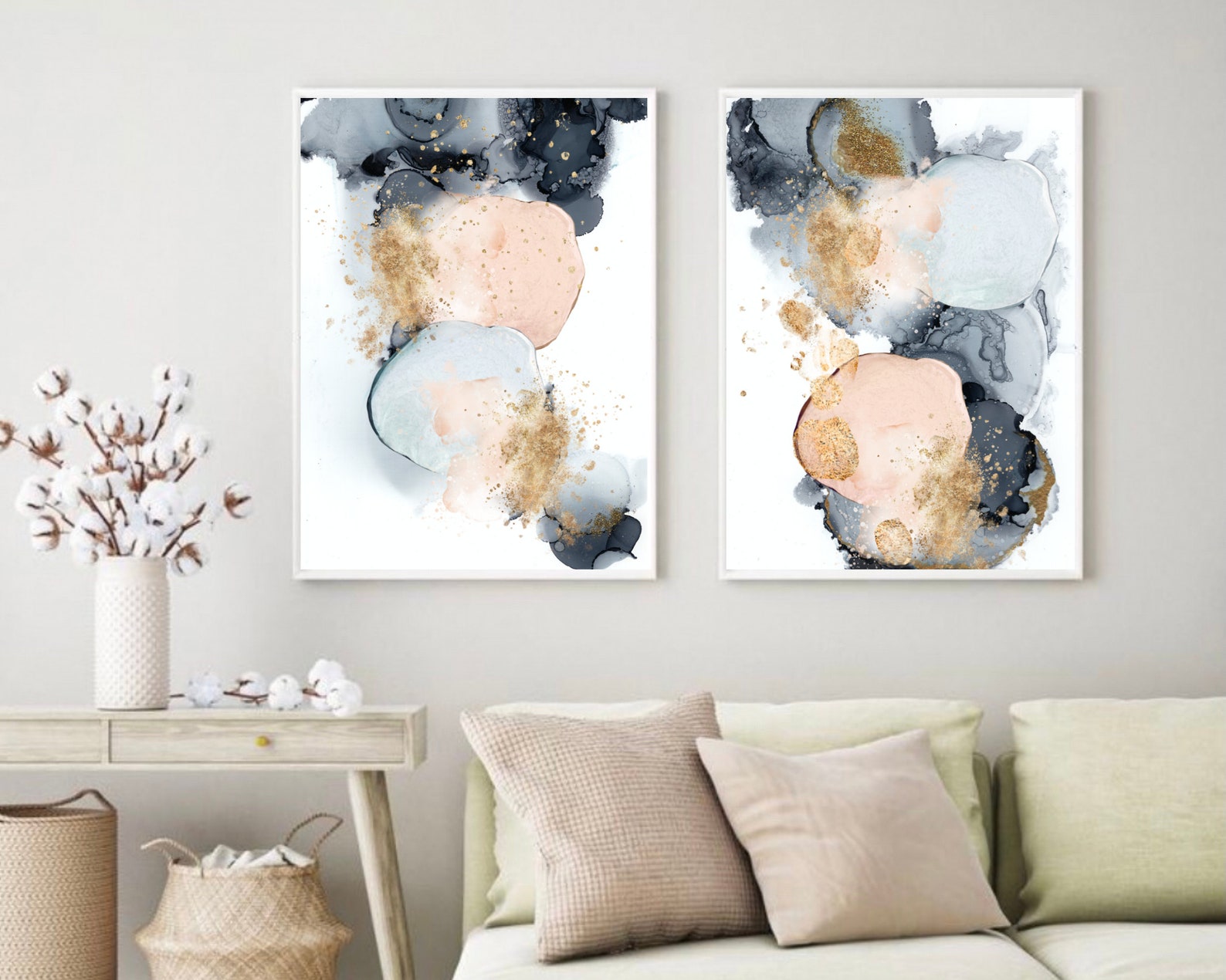 Abstract Wall Art Blue Pink Gold Watercolour Shapes Printable | Etsy