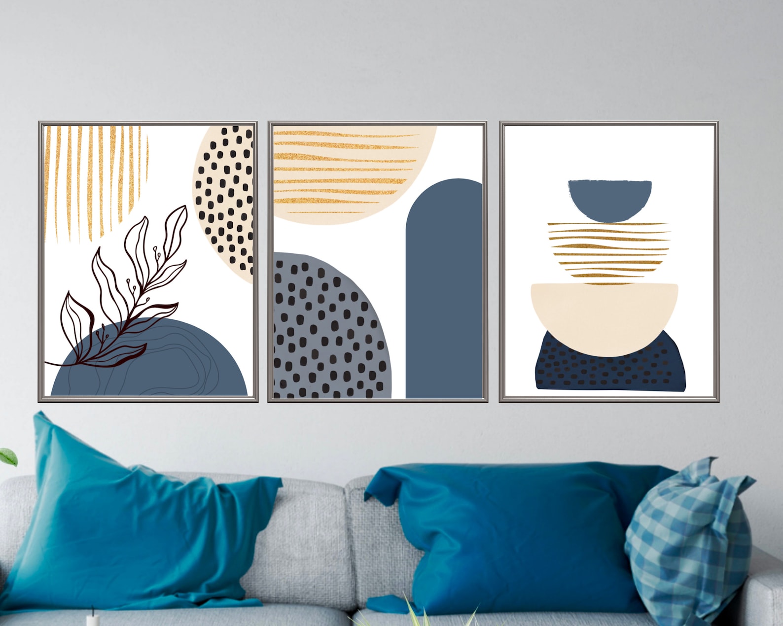 Boho Art Set of 3 Prints, Boho Wall Art, Blue Grey Abstract Gallery ...