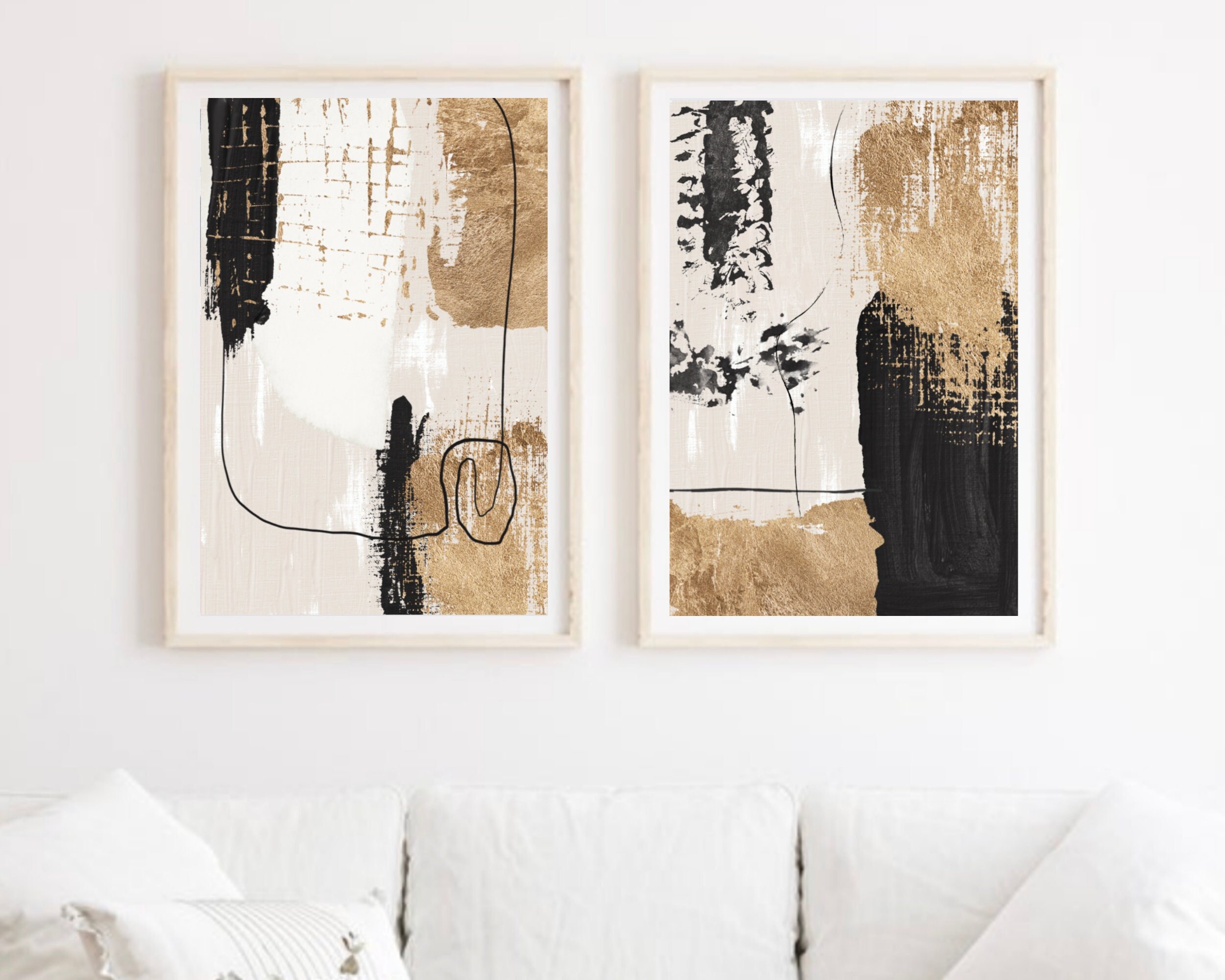 Abstract Wall Art, Modern Neutral Black Gold Single Line Art Shapes ...