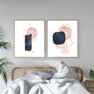 Blush Pink and Navy Print Set, Minimalist Abstract Wall Art Set, Pink ...