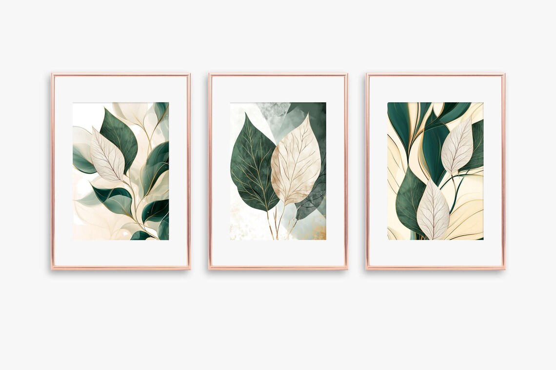 Green Print Set of 3, Green Leaves Botanical Printable Wall Art ...