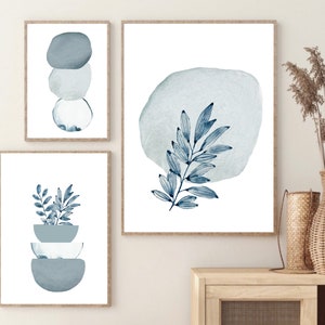 Blue Grey Abstract Wall Art, Watercolor Shapes Printable Wall Art, Set ...