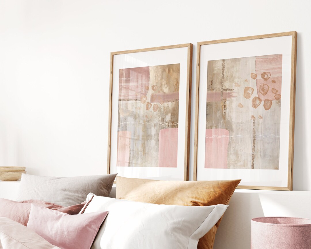 Pink Abstract Prints Set of 2, Pink and Neutral Printable Wall Art ...