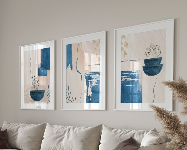 Blue Abstract Wall Art, Blue and Beige Watercolour Shapes Printable ...