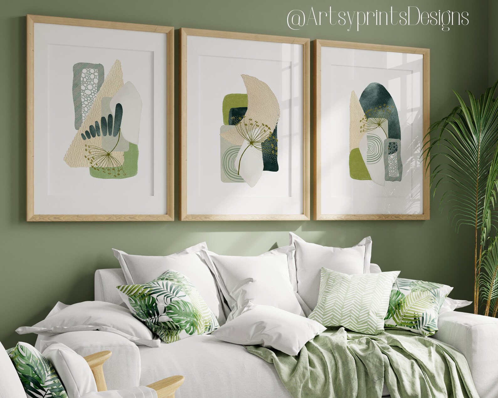Modern Green Gallery Wall Art Set of 3 Abstract Art Bedroom Wall Decor ...