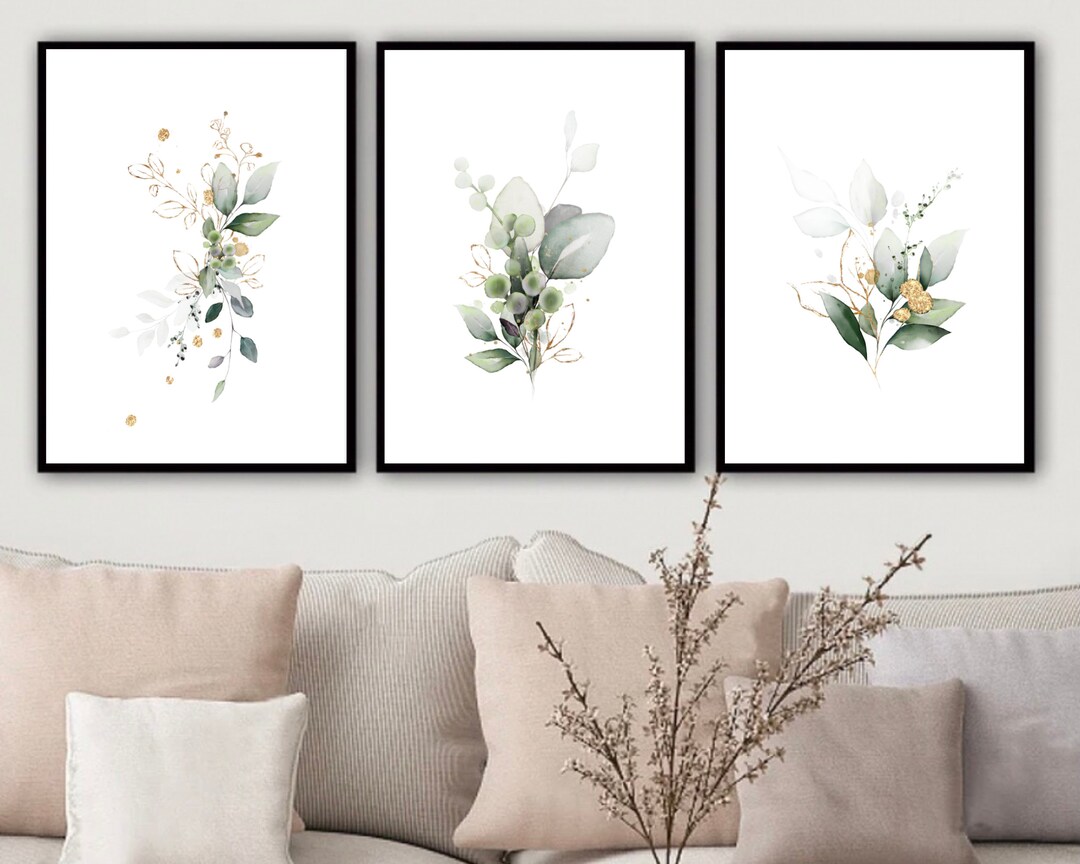 Botanical Print Set of 3, Green Botanical Wall Art, Large Poster Set ...