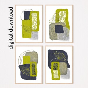 Abstract Print Set of 4 in Lime Green, Navy Blue and Grey, Geometric ...