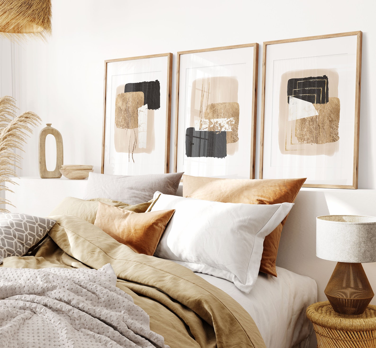 Abstract Wall Art, Black Gold Tan Textured Shapes Printable Wall Art ...