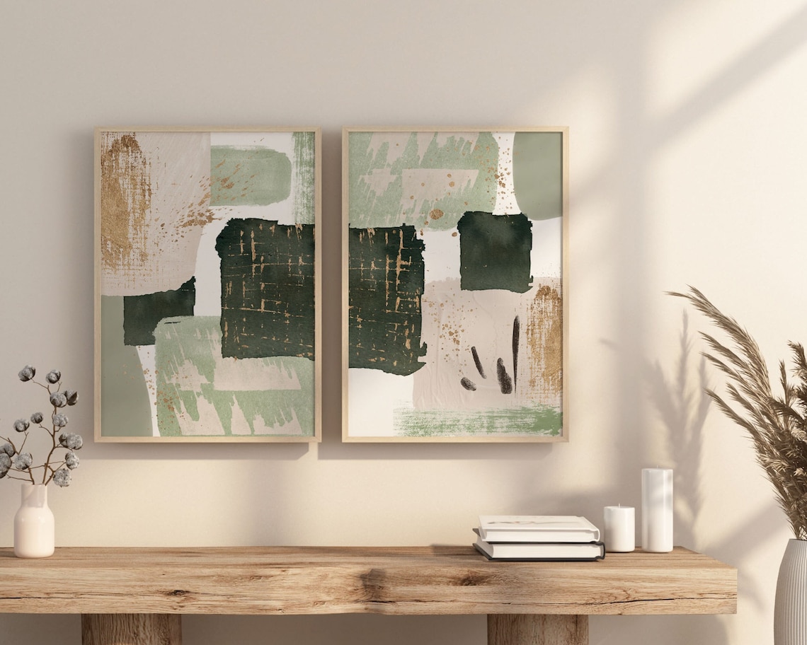 Green Abstract Wall Art, Green and Gold Watercolour Shapes Printable ...