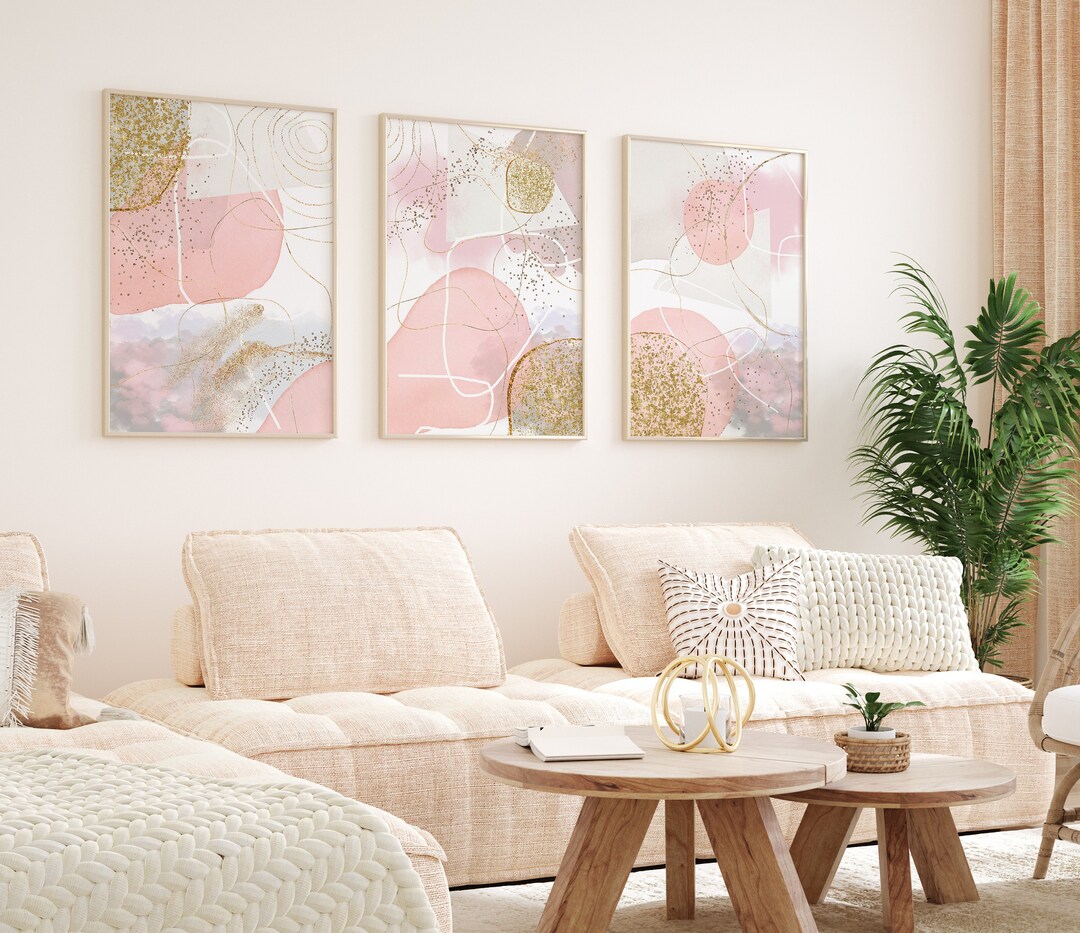 Modern Simple Minimal Gallery Wall Art Set of 3 Abstract Art Pink and ...