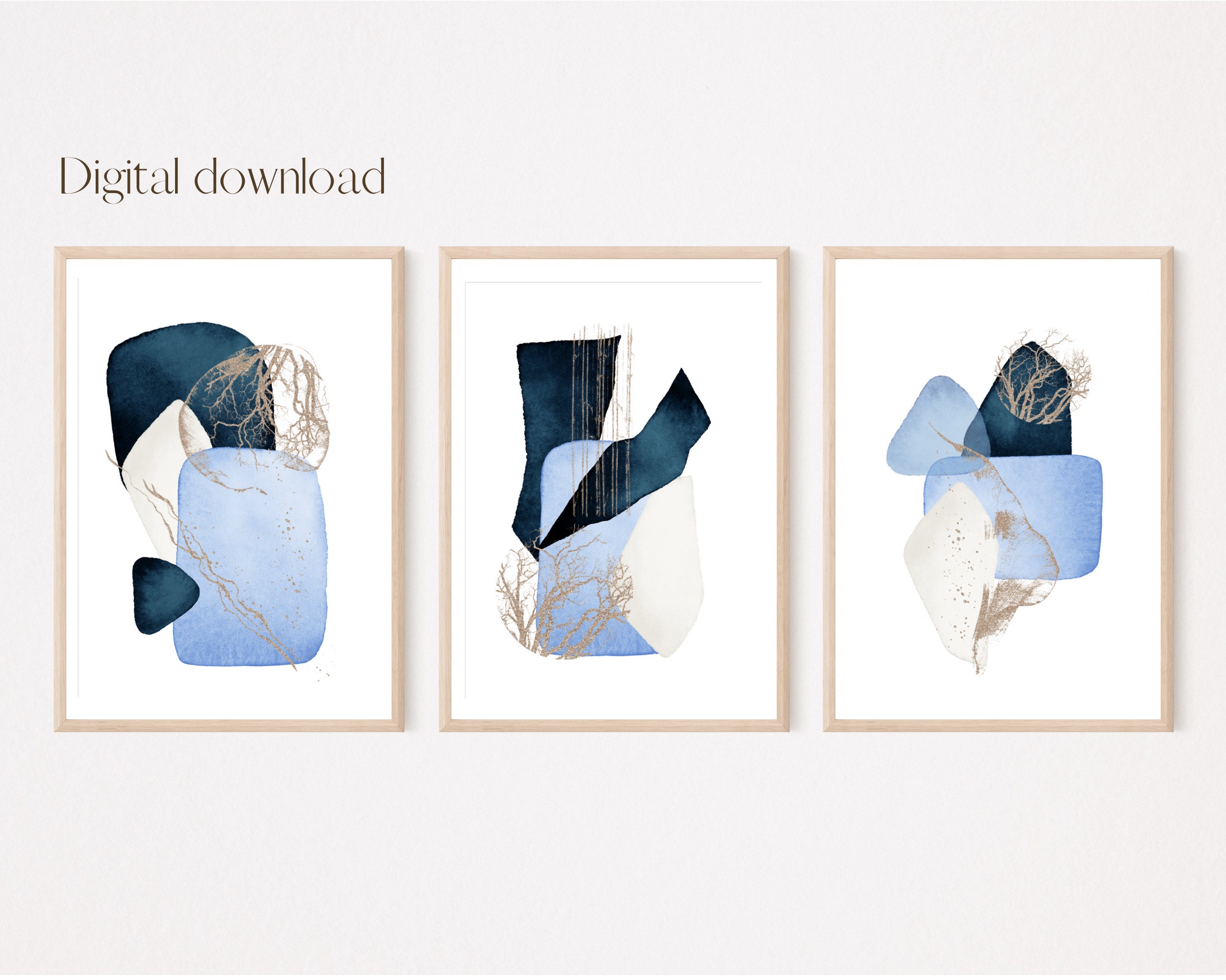 Blue Abstract Wall Art Navy Watercolour Shapes Printable Wall - Etsy