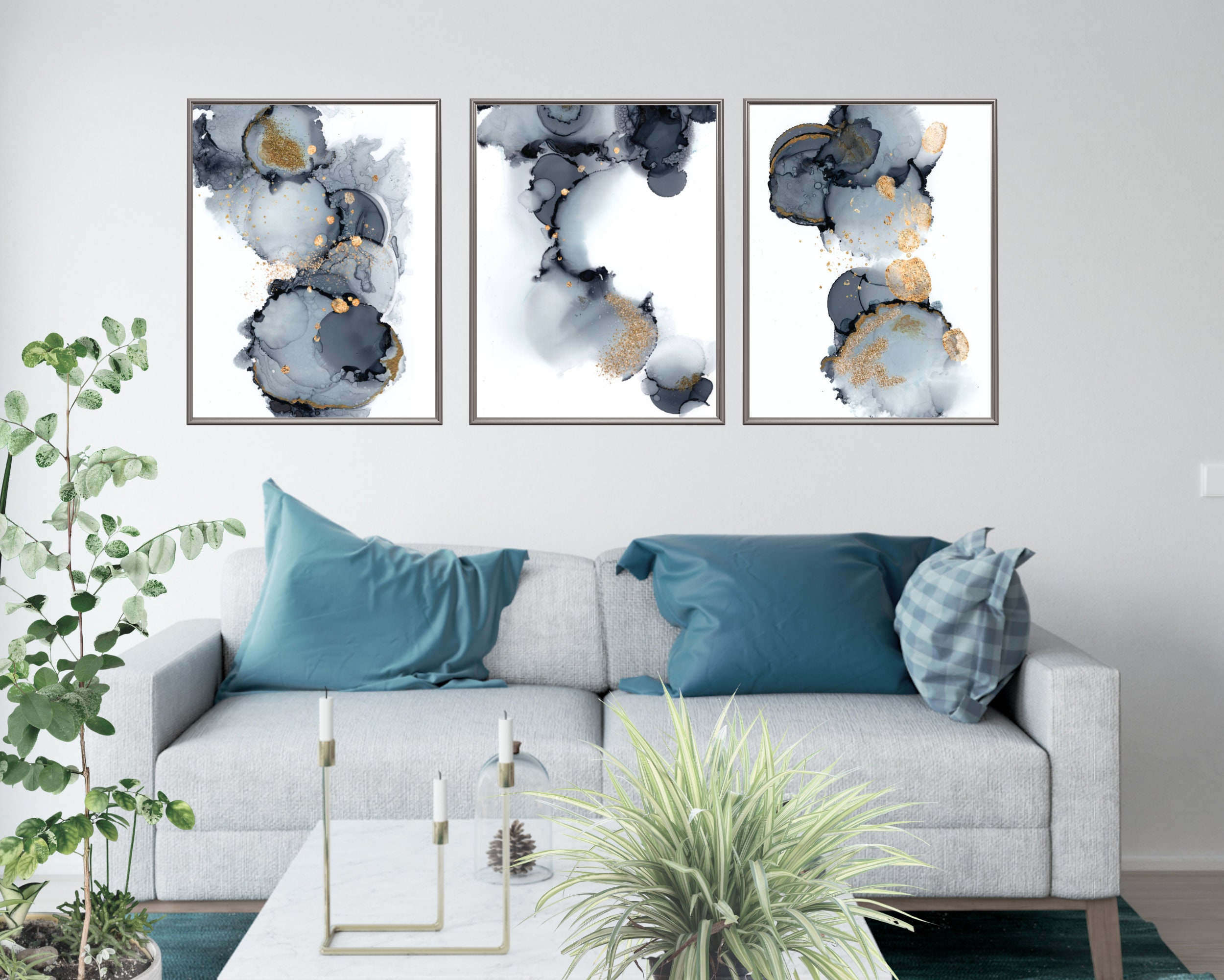 Grey and Gold Abstract Wall Art Set of 3 Modern Minimalist | Etsy