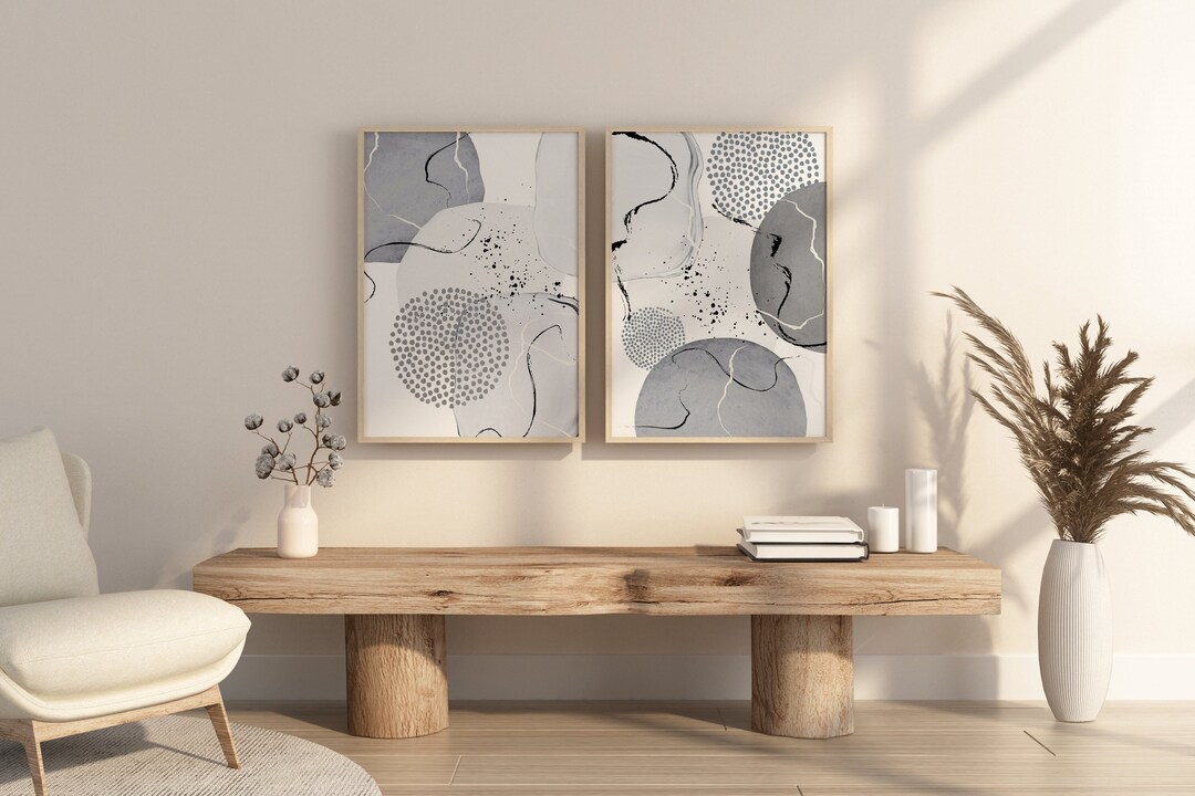 Graue abstrakte Wandkunst, Graue und schwarze Aquarell Formen druckbare Wandkunst 2er Set ...