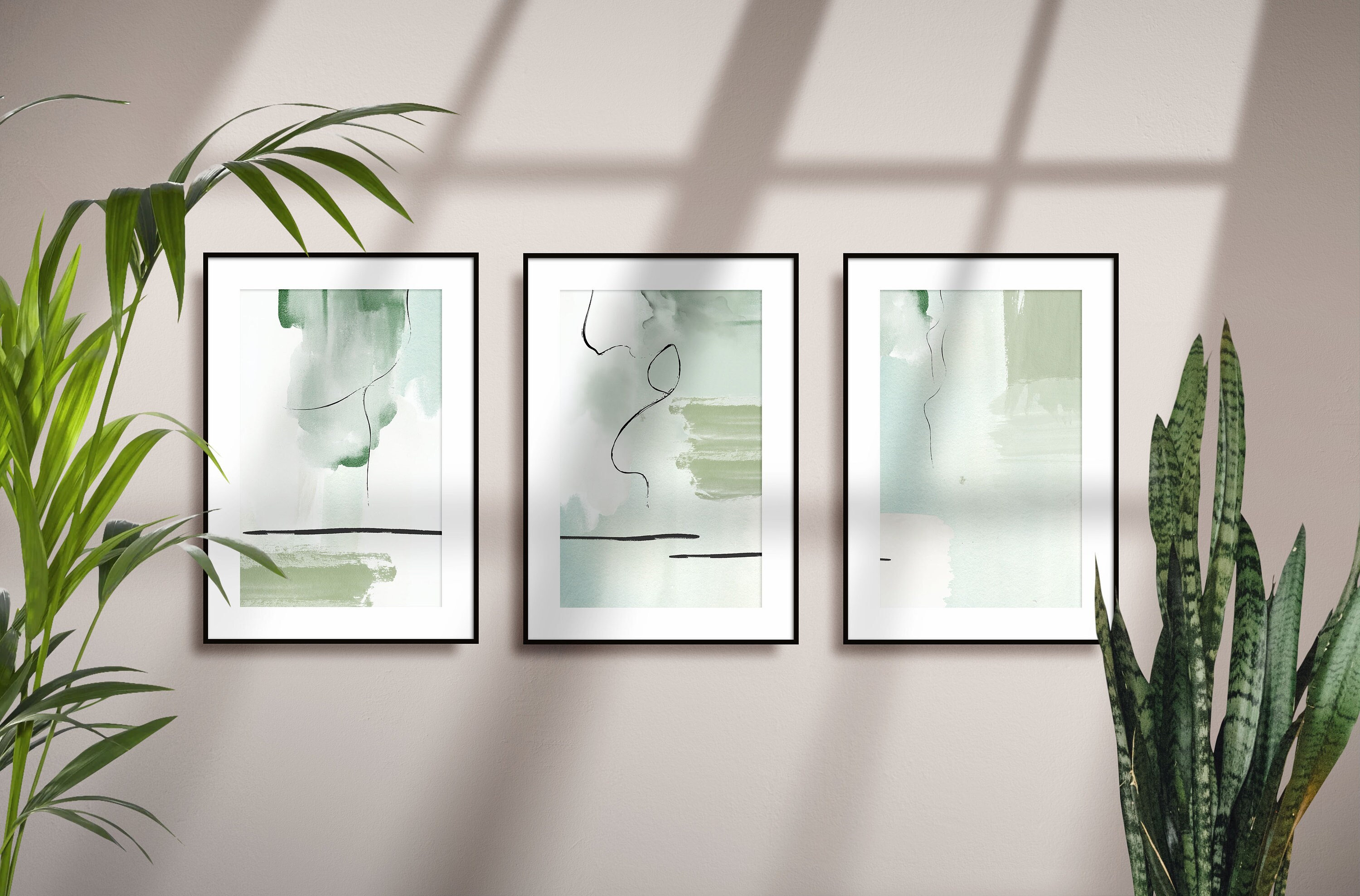 Green Abstract Wall Art Set of 3 Simple Nordic Gallery Wall - Etsy