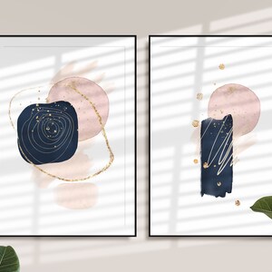 Blush Pink and Navy Print Set, Minimalist Abstract Wall Art Set, Pink ...