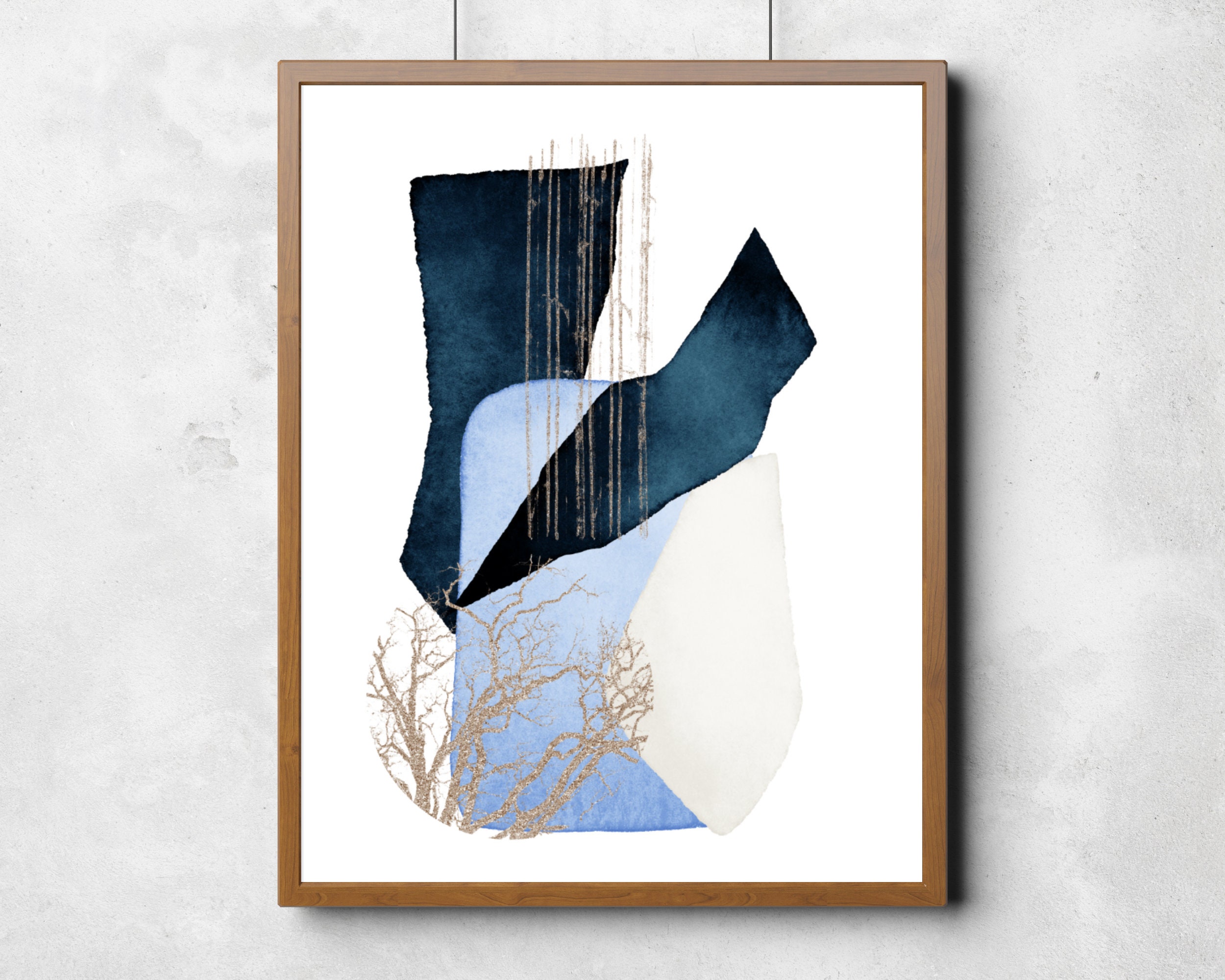 Blue Abstract Wall Art, Navy Watercolour Shapes Printable Wall Art Set ...