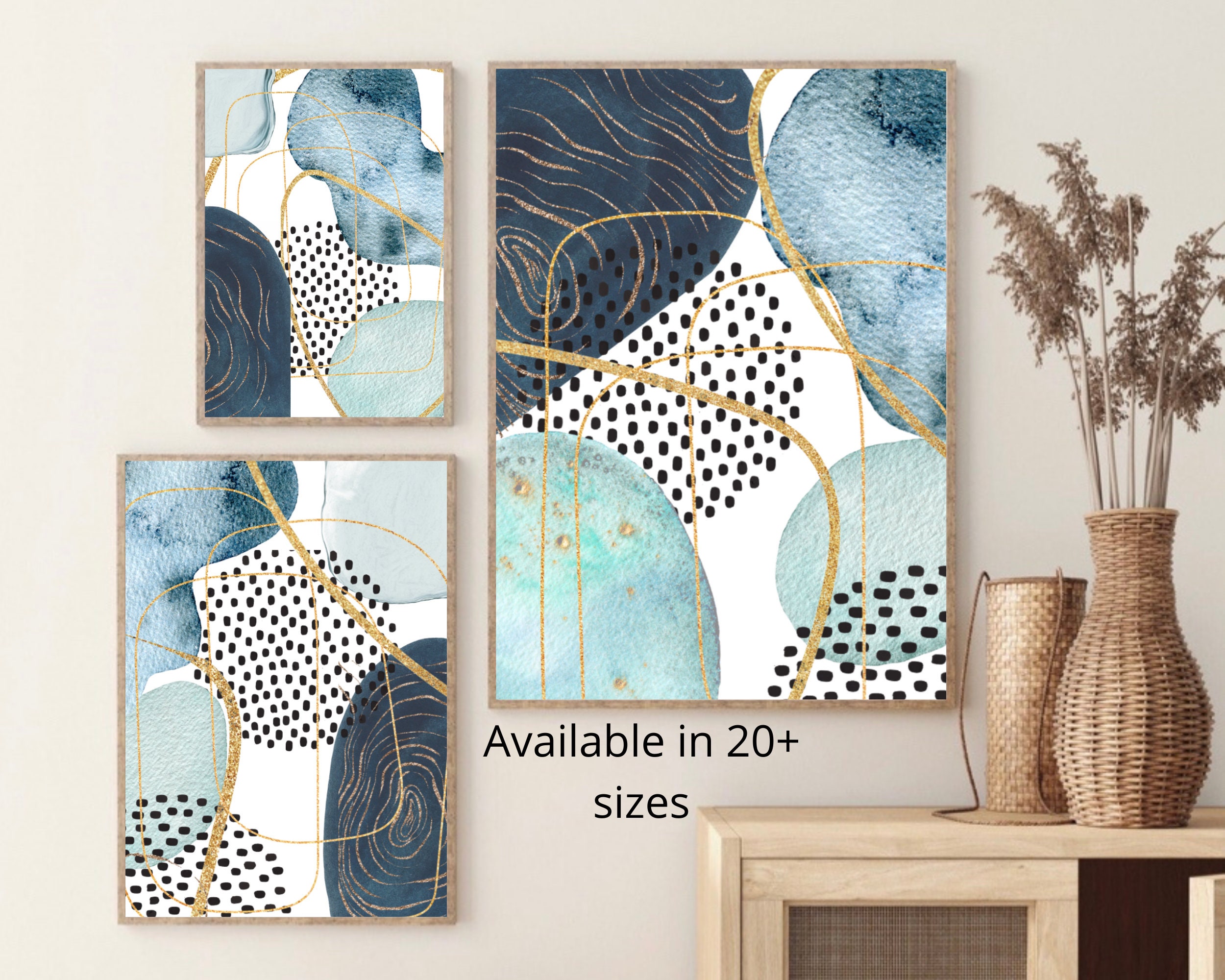 Blue Wall Art, Blue Watercolour Shapes Printable Wall Art, Set of 3 ...