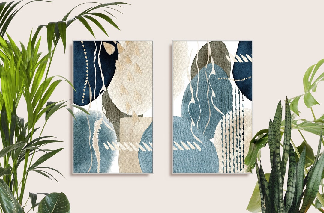 Blue Abstract Wall Art, Blue and Cream Textured Shapes Printable Wall ...