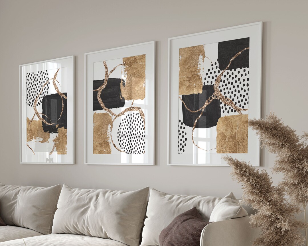 Abstract Wall Art, Black Gold Watercolour Shapes Printable Wall Art ...