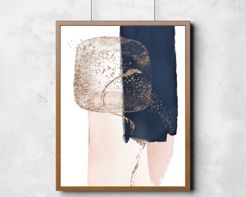 Abstract Wall Art, Navy Pink Gold Watercolour Shapes Printable Wall Art ...