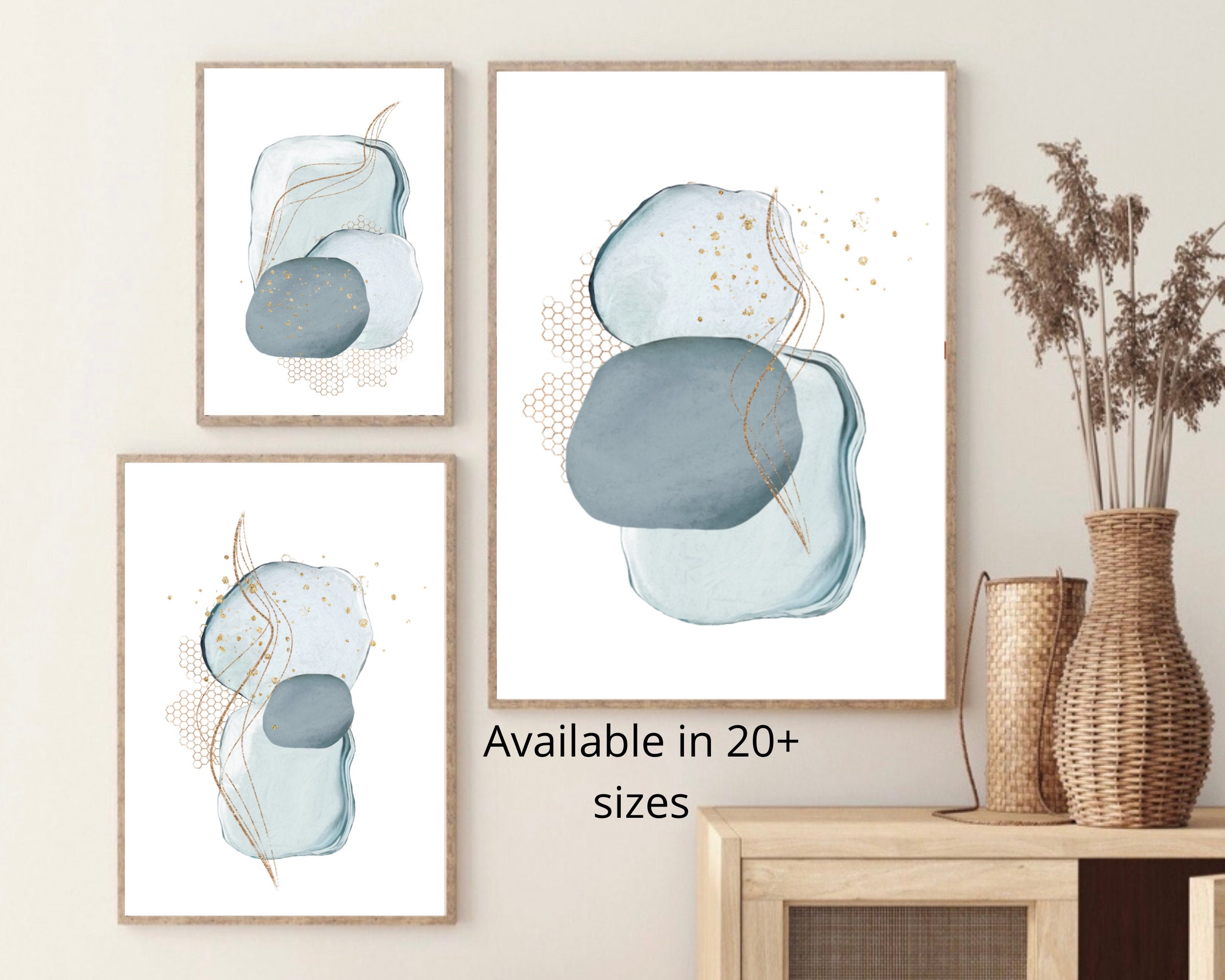 Abstract Wall Art Blue Grey Gold Watercolour Shapes Printable | Etsy