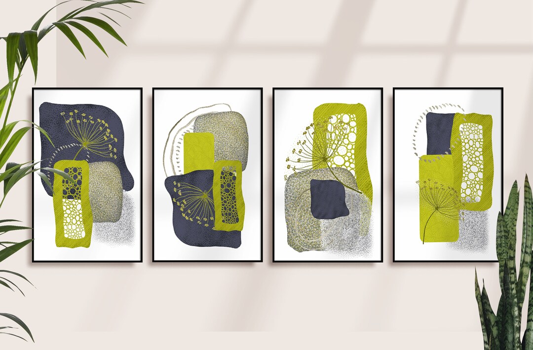 Abstract Print Set of 4 in Lime Green, Navy Blue and Grey, Geometric ...