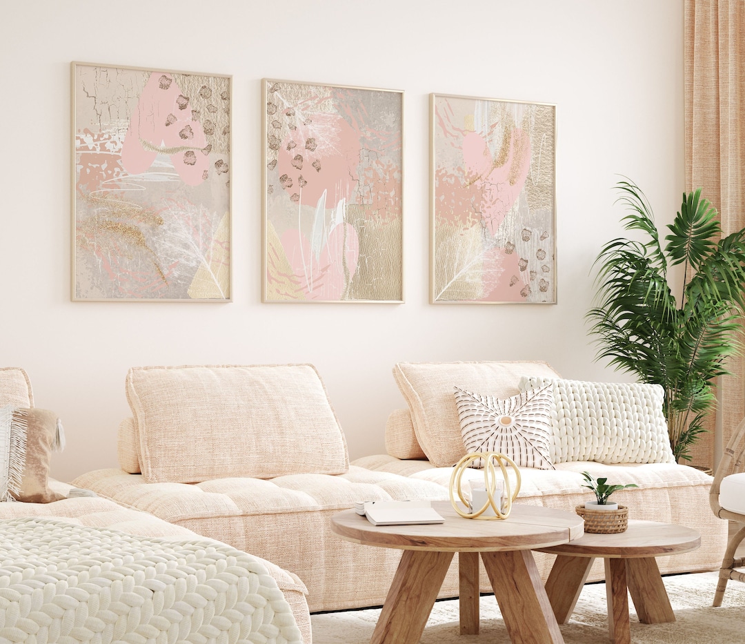 Pink Abstract Wall Art, Pastel Pink Soft Gold Printable Wall Art Set of ...